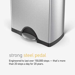 simplehuman Rectangular Dual Compartment Recycling Kitchen Step Trash Can, 46 Liter, Brushed Stainless Steel