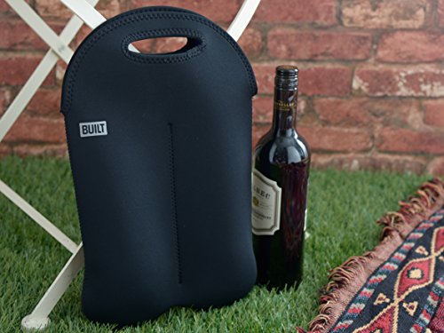 BUILT 2-Bottle Stain Resistant Neoprene Wine/Water Bottle Carry Tote, Black