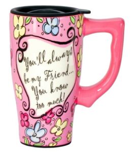 spoontiques friend ceramic travel mug, 18 oz, pink