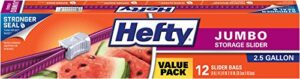 hefty slider jumbo storage bags, 2.5 gallon size, 12 count (pack of 9), 108 total