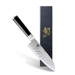 shun classic 7” hollow-ground santoku all-purpose kitchen knife; vg-max blade steel and ebony pakkawood handle; hollow-ground indentations for reduced friction and smoother cuts; handcrafted in japan