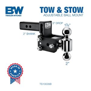 B&W Trailer Hitches Tow & Stow Adjustable Trailer Hitch Ball Mount - Fits 2" Receiver, Dual Ball (1-7/8" x 2"), 3" Drop, 10,000 GTW - TS10035B