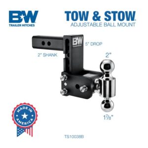 B&W Trailer Hitches Tow & Stow Adjustable Trailer Hitch Ball Mount - Fits 2" Receiver, Dual Ball (1-7/8" x 2"), 5" Drop, 10,000 GTW - TS10038B