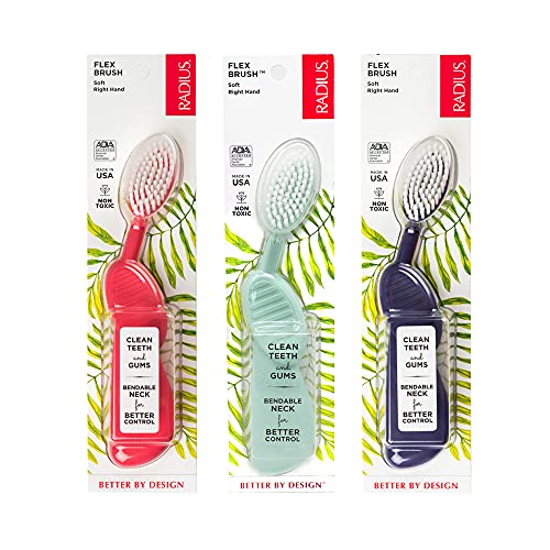 RADIUS Flex Brush BPA Free & ADA Accepted Toothbrush Designed to Improve Gum Health & Reduce Gum Issues - Right Hand - Purple/ Watermelon/ Mint Green - Pack of 3