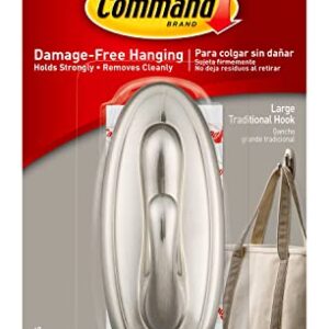 Command Large Traditional Plastic Hook, Brushed Nickel, 1-Hook, 2-Strips, Organize Damage-Free