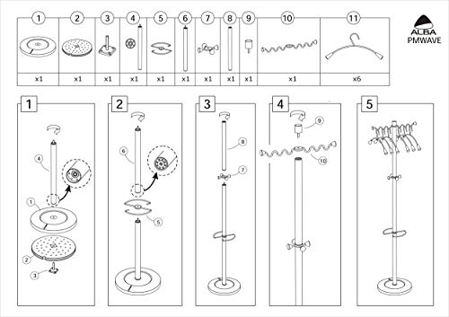 Alba PMWAVE Wavy Coat Tree, Six Hangers/Two Knobs/Four Hooks, Silver Steel/Wood