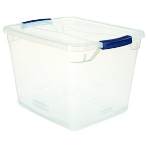 rubbermaid clever store latching storage tote container, clear, 30-qt (fg3q2500clmcb)