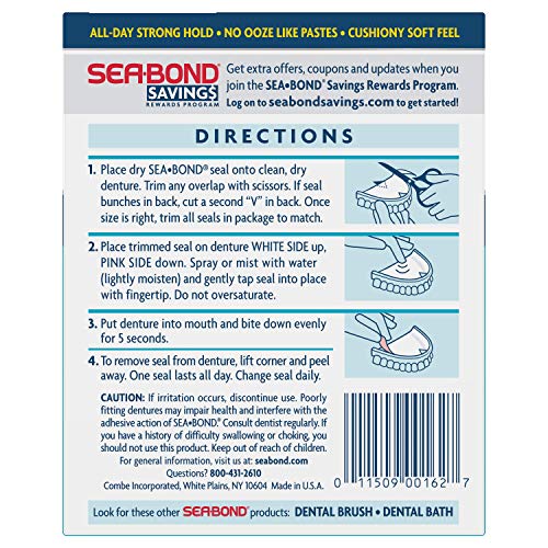 Sea Bond Secure Denture Adhesive Seals, Original Uppers, Zinc Free, All Day Hold, Mess Free, 30 Count