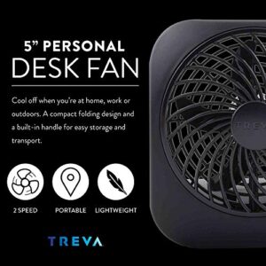 Treva 5-Inch Portable Desktop Battery Powered Fan, 2 Cooling Speeds with Compact Folding & Tilt Design (Black)