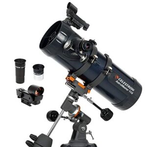 celestron – astromaster 114eq newtonian telescope – reflector telescope for beginners – fully-coated glass optics – adjustable-height tripod – bonus astronomy software package