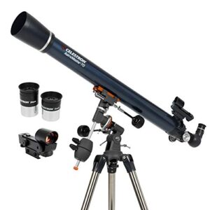 celestron – astromaster 70eq refractor telescope – refractor telescope for beginners – fully-coated glass optics – adjustable-height tripod – bonus astronomy software package