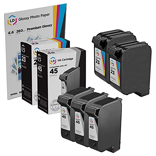 LD Products Remanufactured Replacements for HP 45 Black 51645A & HP 23 C1823D Color Ink Cartridges (3 Black, 2 Tri-Color, 5-Packs) Combo Set / Combo Pack - Clarity Vibrant and Long-lasting Ink Formula