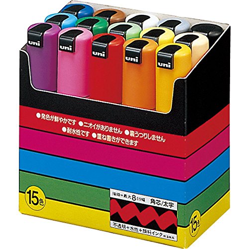 Posca Set of 15 Acrylic Paint Pens with Bold Point Tips, Paint Markers for Rock Painting, Fabric, Glass Paint, Metal Paint, and Graffiti