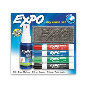 expo low odor dry erase marker starter set, chisel tip, assorted, whiteboard eraser, cleaning spray, 6 count