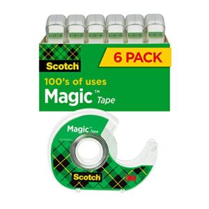 scotch magic tape, 6 rolls, numerous applications, invisible, engineered for repairing, 3/4 x 650 inches, boxed (6122)