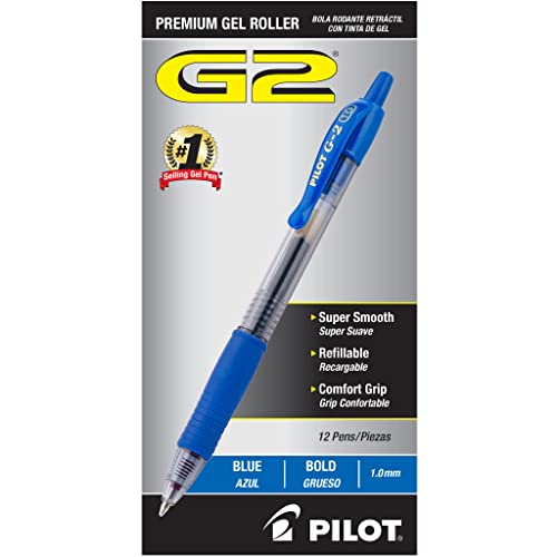 PILOT G2 Premium Refillable & Retractable Rolling Ball Gel Pens, Bold Point, Blue Ink, 12-Pack (31257)