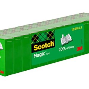 Scotch Magic Tape, 12 Rolls, Numerous Applications, Invisible, Engineered for Repairing, 3/4 x 1000 Inches, Boxed (810K12)