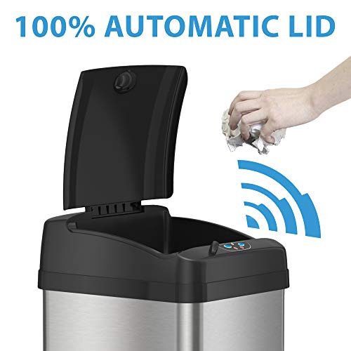 iTouchless Automatic 13 Gallon Touchless Sensor AbsorbX Odor Control System, Stainless Steel, Extra-Wide Lid Opening Kitchen Garbage Bin, Silver, Brushed Trash can