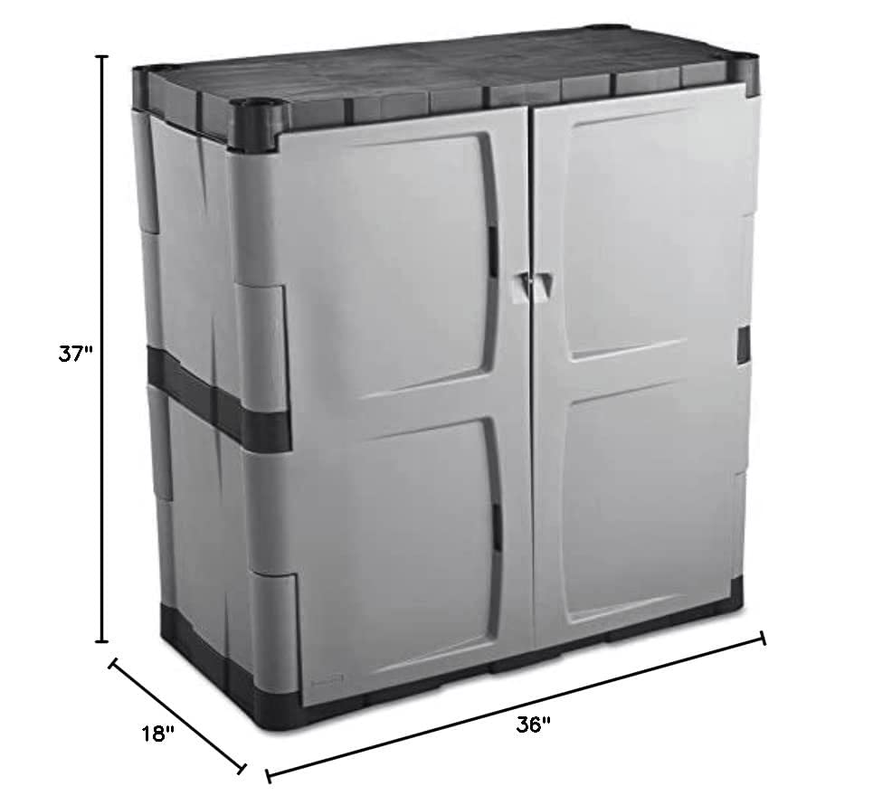 Rubbermaid Freestanding Storage Cabinet with Doors, 18"D x 36"W x 37"H, Medium, Gray/Black, Two-Shelf Lockable Cabinet for Indoor/Outdoor/Garage Storage for Garden Tools/Lawn Care Accessories