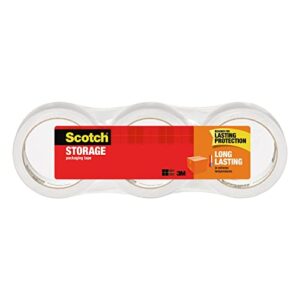 scotch long lasting storage packaging tape, 1.88″ x 38.2 yd, designed for storage and packing, stays sealed in weather extremes, 3″ core, clear, 3 rolls (3650s-3)