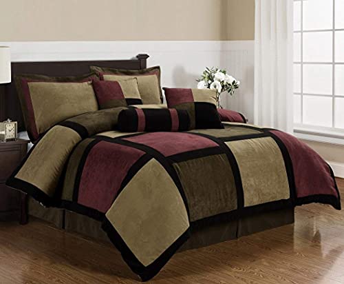 Chezmoi Collection 7-Piece Burgundy Brown Black Micro Suede Patchwork Comforter Set, King