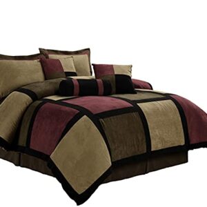 Chezmoi Collection 7-Piece Burgundy Brown Black Micro Suede Patchwork Comforter Set, King