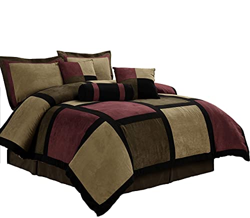 Chezmoi Collection 7-Piece Burgundy Brown Black Micro Suede Patchwork Comforter Set, King