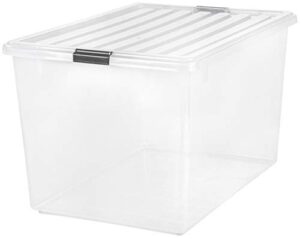 iris usa 132 qt. plastic storage container bin with secure lid and latching buckles, 1 pack – clear, durable stackable nestable organizing tote tub box sports general organization garage extra large