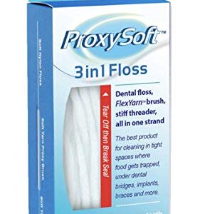 ProxySoft 3-in-1 Dental Floss for Optimal Teeth Flossing​- 1 Pack Pre-Cut Ortho Floss Threaders for Braces, Tight Spaces, Bridges, Implants with Built-in Soft Proxy Brush and Stiff Threader Flosser