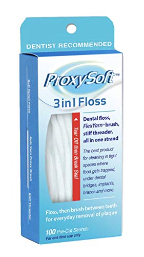 ProxySoft 3-in-1 Dental Floss for Optimal Teeth Flossing​- 1 Pack Pre-Cut Ortho Floss Threaders for Braces, Tight Spaces, Bridges, Implants with Built-in Soft Proxy Brush and Stiff Threader Flosser