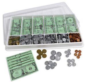 learning advantage classroom money kit – set of 1,000 bills and coins – designed and sized like real us currency – teach currency, counting and math with play money – includes storage tray and lid