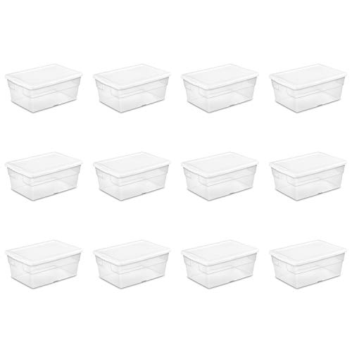 Sterilite 16448012 16 Quart/15 Liter Storage Box, White Lid with Clear Base, 12-Pack