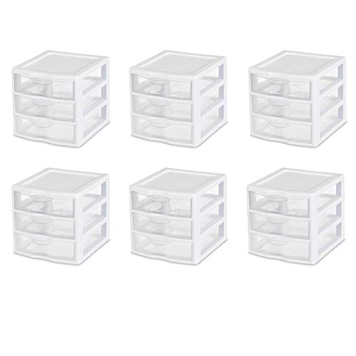 Sterilite 20738006 Small 3 Drawer Unit, White Frame with Clear Drawers, 6-Pack