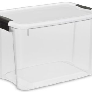 Sterilite 19859806, 30 Quart/28 Liter Ultra Latch Box, Clear with a White Lid and Black Latches, 6-Pack