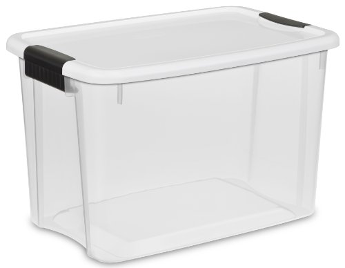 Sterilite 19859806, 30 Quart/28 Liter Ultra Latch Box, Clear with a White Lid and Black Latches, 6-Pack