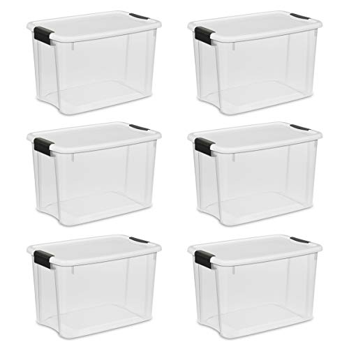 Sterilite 19859806, 30 Quart/28 Liter Ultra Latch Box, Clear with a White Lid and Black Latches, 6-Pack