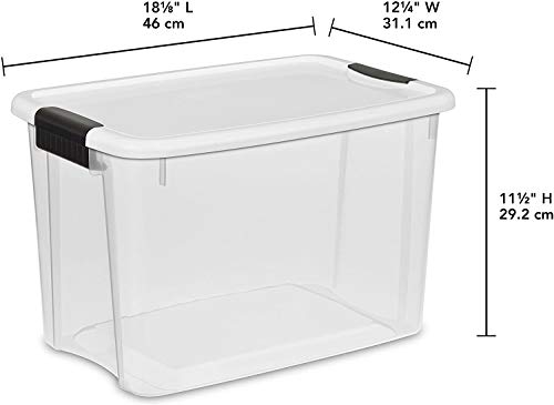 Sterilite 19859806, 30 Quart/28 Liter Ultra Latch Box, Clear with a White Lid and Black Latches, 6-Pack