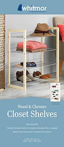 Whitmor 4 Tier Storage Organizer-Natural Wood and Chrome Closet Shelf