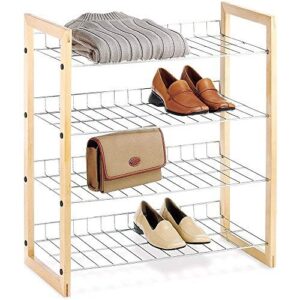 Whitmor 4 Tier Storage Organizer-Natural Wood and Chrome Closet Shelf