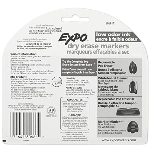 EXPO 80661 Low-Odor Dry Erase Markers, Chisel Tip, Black, 4-Count