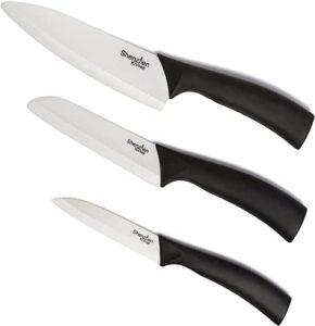 3-piece ceramic knife set by shenzhen knives: 6″ chef’s knife, 5″ slicing knife, and 4″ paring knife set