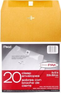 mead letter size mailing envelopes, clasp closure, all-purpose 24-lb paper, 9″ x 12″, brown kraft material, 20/pack (76020)