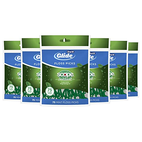 Oral-B Complete Glide Dental Floss Picks Plus Scope Outlast, Long Lasting Mint, 75 Dental Floss Picks, Green, Older Version, 450 Count, Pack of 6