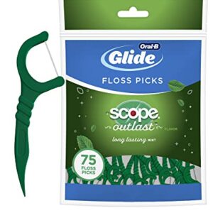 Oral-B Complete Glide Dental Floss Picks Plus Scope Outlast, Long Lasting Mint, 75 Dental Floss Picks, Green, Older Version, 450 Count, Pack of 6