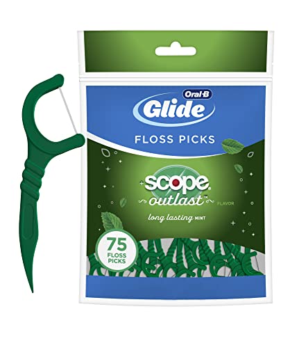 Oral-B Complete Glide Dental Floss Picks Plus Scope Outlast, Long Lasting Mint, 75 Dental Floss Picks, Green, Older Version, 450 Count, Pack of 6