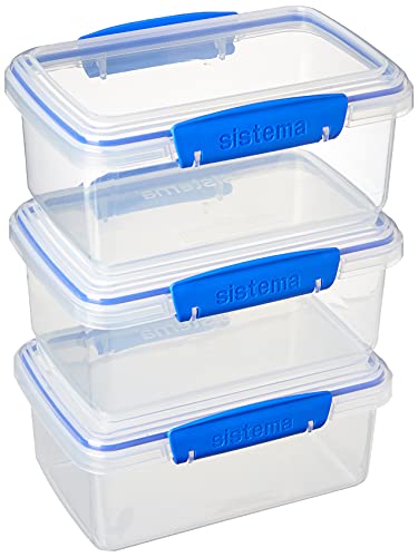 Sistema KLIP IT Rectangular Collection Food Storage Container, 33.8 oz./1.0 L, Clear/Blue, 3 Count