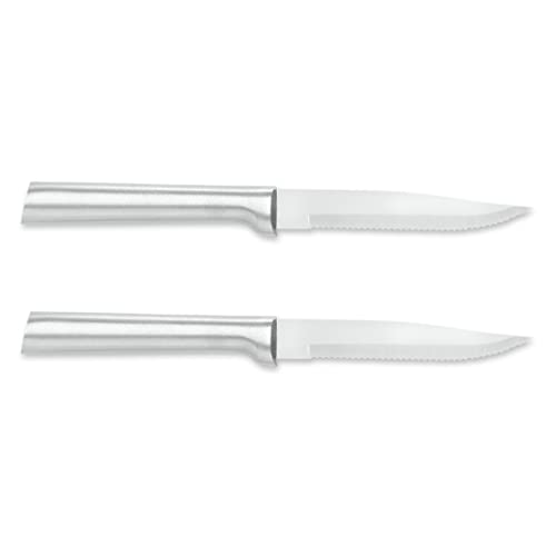 Rada Cutlery Serrated Steak Knife Stainless Steel Blade With Aluminum Made in USA, 7-3/4 Inches, Silver Handle, Pack of 2