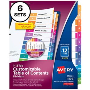 avery ready index 12-tab binder dividers, customizable table of contents, multicolor tabs, 6 sets (11196)