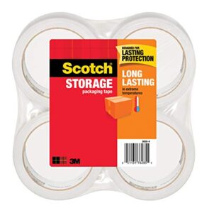 scotch long lasting storage packaging tape, 1.88″ x 54.6 yd, designed for storage and packing, stays sealed in weather extremes, 3″ core, clear, 4 rolls (3650-4)