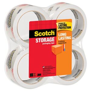 Scotch Long Lasting Storage Packaging Tape, 1.88" x 54.6 yd, Designed for Storage and Packing, Stays Sealed in Weather Extremes, 3" Core, Clear, 4 Rolls (3650-4)